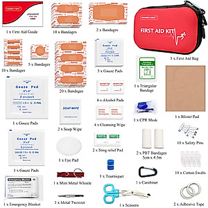 TIANBO FIRST Mini First Aid Kit, 107 Pieces Hard Shell Small Medical Pouch, Lightweight Emergency Survival Bag for Hiking Camping Backpacking Travel, Red