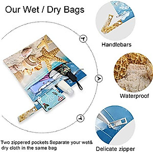 visesunny 2Pcs Wet Bag with Zippered Pockets Starfish Shell Washable Reusable Roomy Diaper Bag for Travel,Beach,Pool,Daycare,Stroller,Diapers,Dirty Gym Clothes, Wet Swimsuits, Toiletries