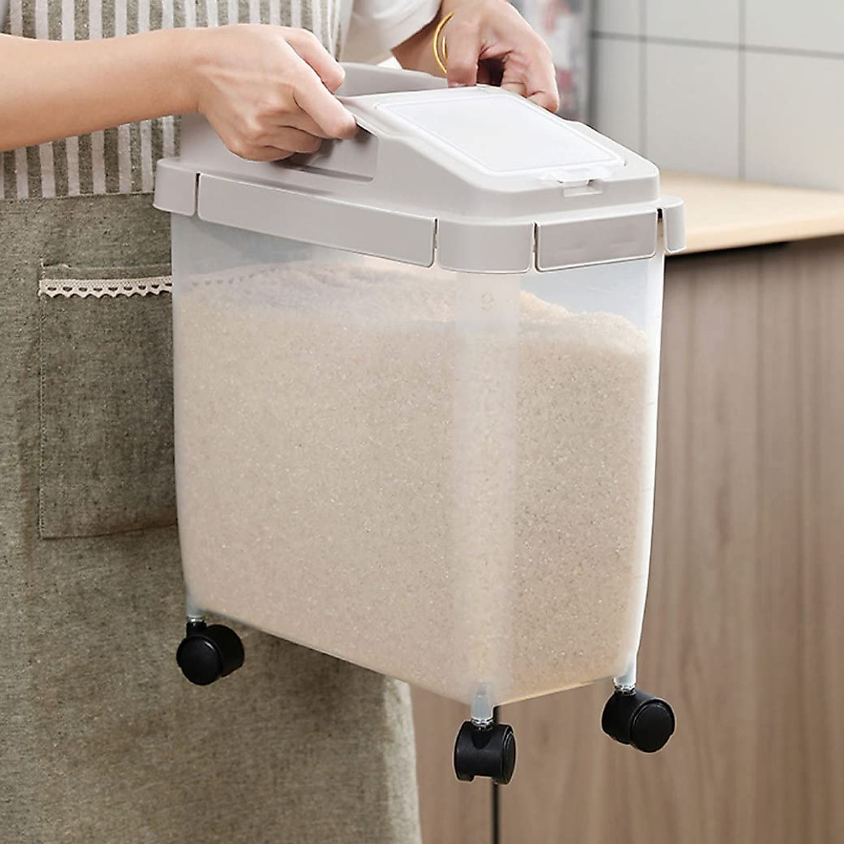 Ingredient Storage Bin Container 10kg Rice Dry Food Sealed on Wheels with Lid Measuring Cup Coffee.