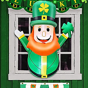 TURNMEON 3.5 Ft St. Patrick's Day Inflatable Decoration Outdoor Blow Up Leprechaun Holds Shamrocks Clover Lean Out from Window with LED Lights Irish St.Patrick's Day Decorations Yard Lawn Garden Party