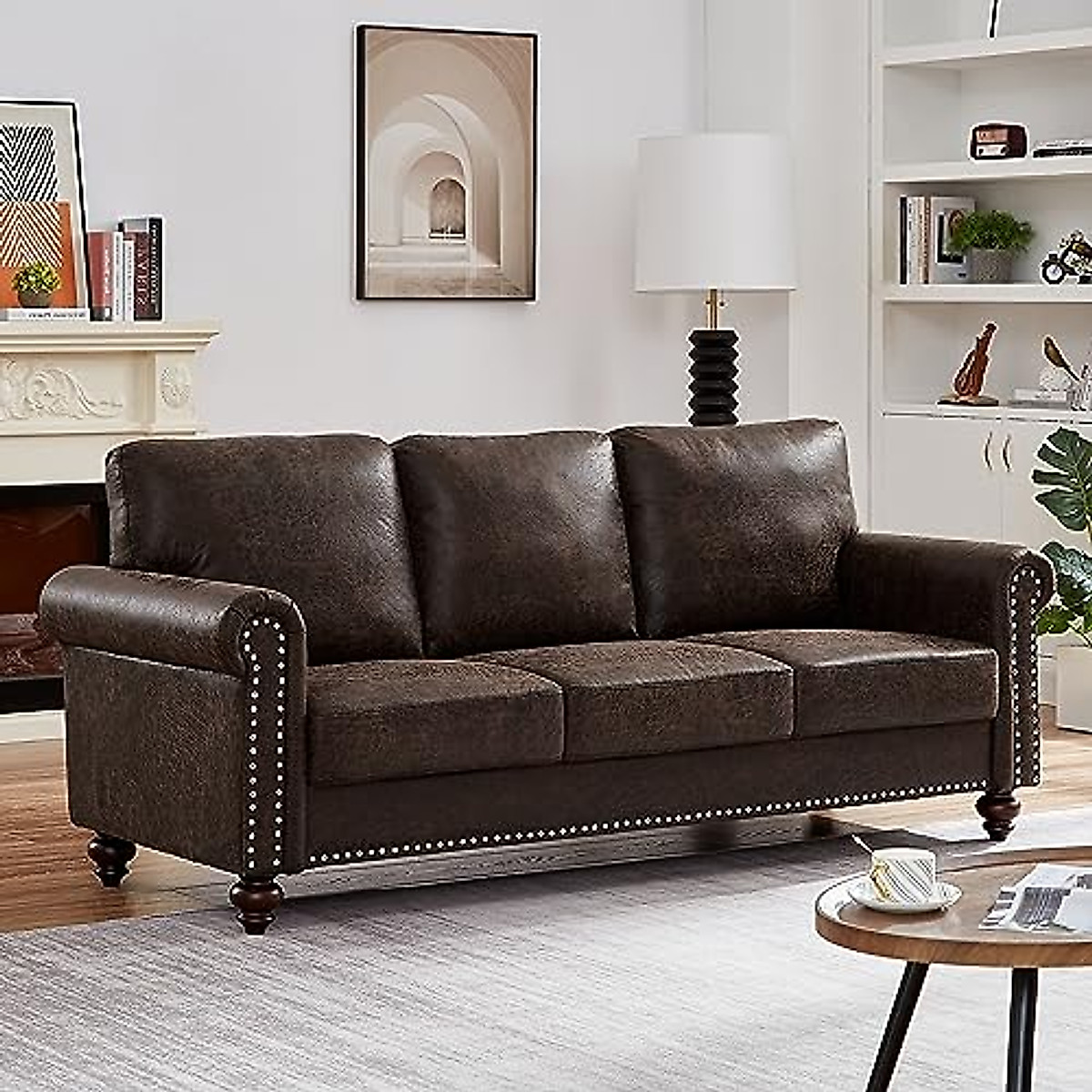 Morhome Comfy Modern Top Grain Leather Sofa Sectional Couch with Wooden Basefor Apartment, Small Space, Light Brown