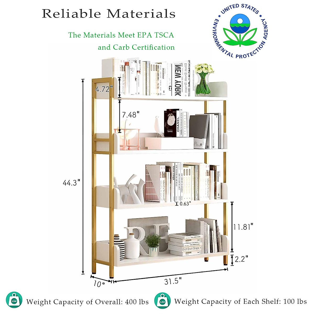 OSCHF Wide Open Shelf Bookcase - Modern 4-Tier Floor Standing Display Bookshelf with Three-Side Baffles for Home and Office, Storage Shelving in Warm White with Gold Frame