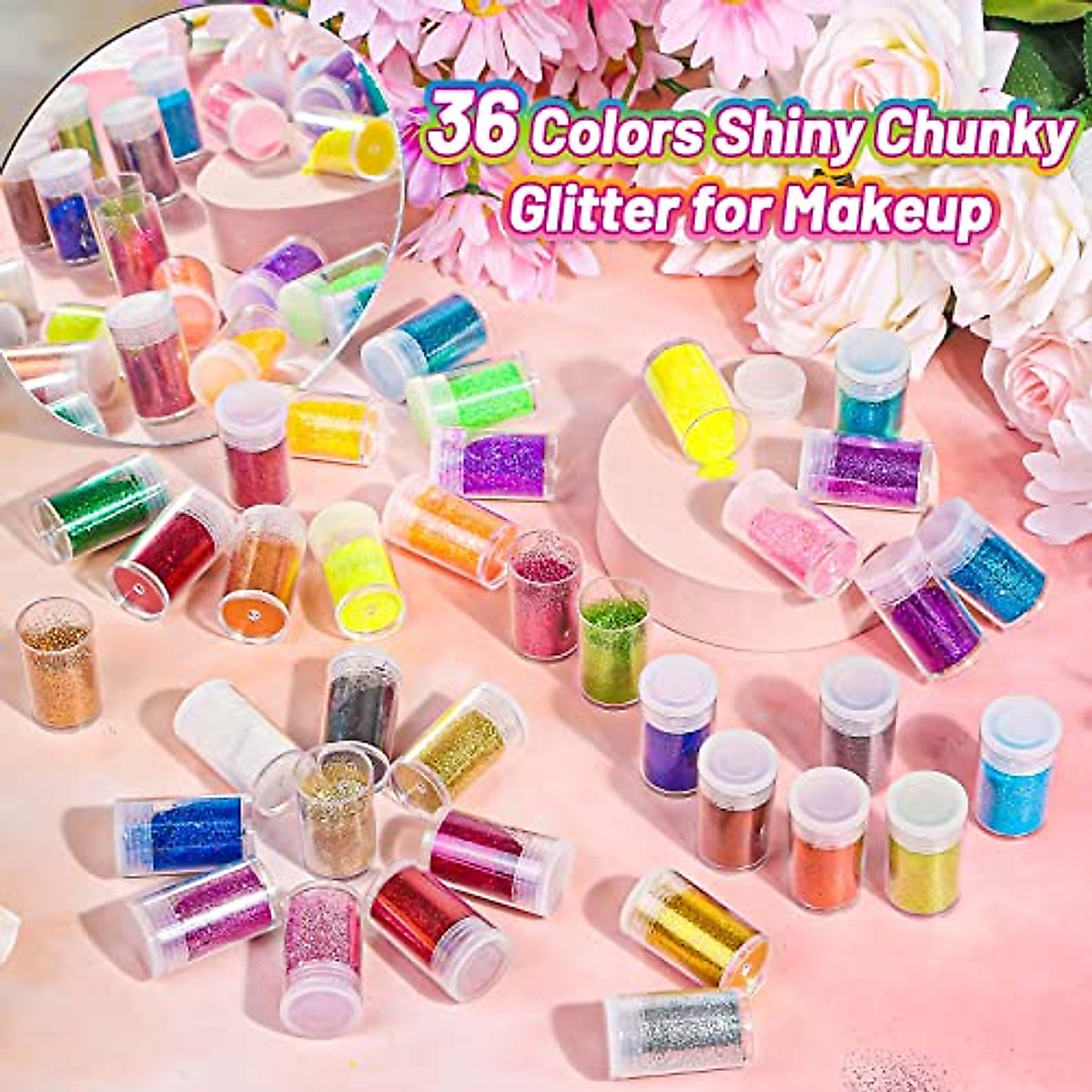 36 Colors Glitter Set for Resin, Audab Fine Glitter Craft Glitter Powder Assorted Resin Glitter Cosmetic Nail Glitter for Hair, Face, Body Makeup, Slime, Resin Tumblers, Epoxy Molds