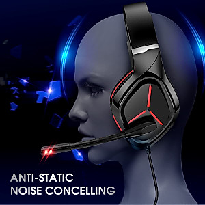 nulliplex Gaming Headset Xbox one Headset with Mic Stereo Gaming Headset, Noise Immunity Swivel Mic & LED Light, Suspension Headband PS4 VR Headphone Compatible with PC PS5 Xbox One (Black red)