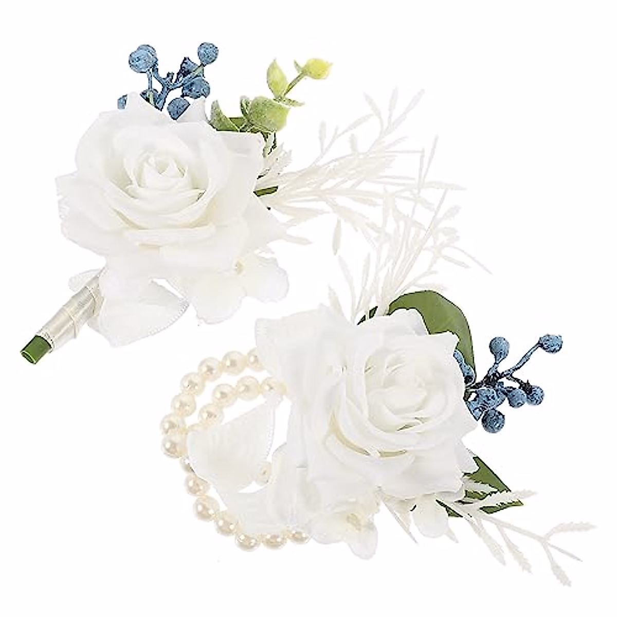 USHOBE Wrist Corsage and Boutonniere Set, Artificial White Rose Flowers Wrist Corsage Wristlet and Groom Boutonniere for Bride Groom Decor Wedding Prom Suit Decoration White