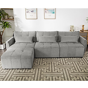 P PURLOVE Convertible Sectional Sofa Couch,3-Seat L-Shaped Sectional Sofa with Movable Ottoman,Upholstered Chenille Living Room Sofa Furniture Set for Living Room Home Office Apartment