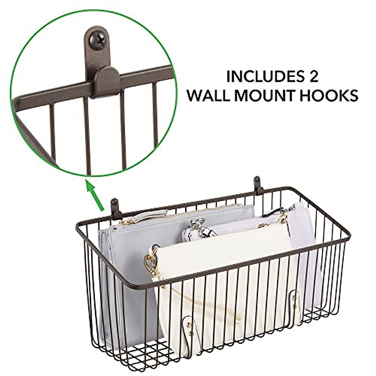 mDesign Portable Metal Farmhouse Wall Decor Angled Storage Organizer Basket Bin for Hanging in Entryway, Mudroom, Bedroom, Bathroom, Laundry Room - Wall Mount Hooks Included, Large - 2 Pack - Bronze