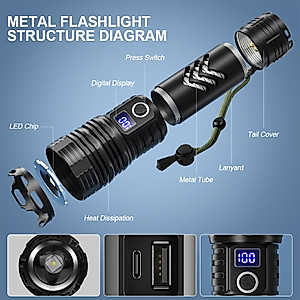 taoquwe Flashlights High Lumens LED Rechargeable, 900,000 Lumen Brightest Flash Light, High Power Flashlight USB with 5000 mAh Capacity, Waterproof Handheld LED Flashlight for Camping Hiking