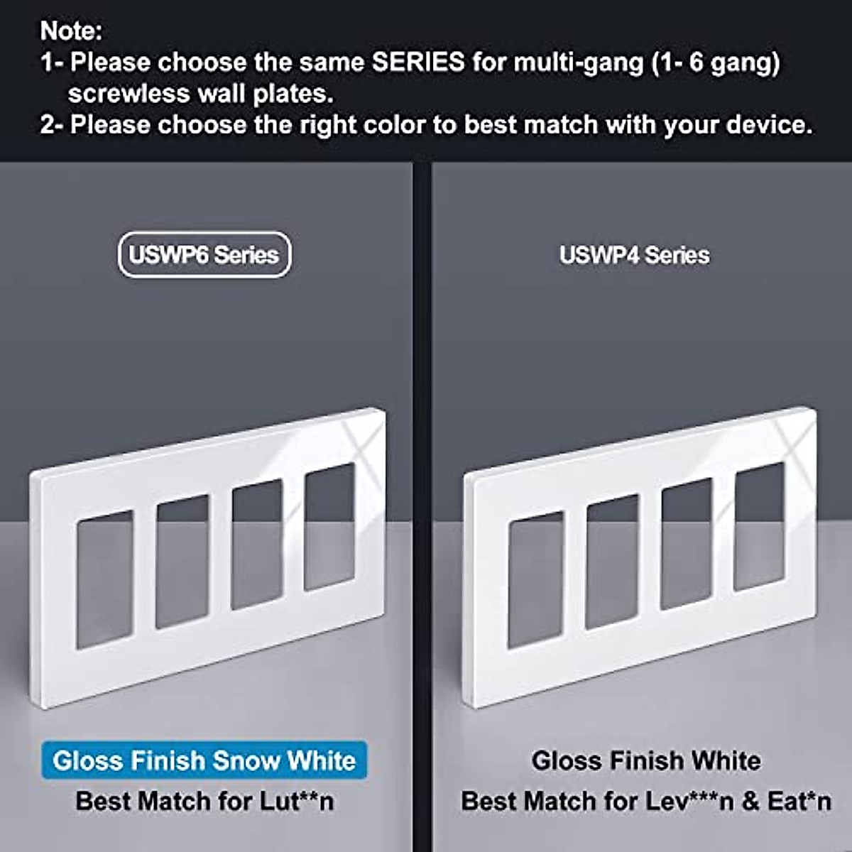 [2 Pack] BESTTEN 4-Gang Screwless Wall Plate, USWP6 Snow White Series, Decorator Outlet Cover, H4.69” x L8.35”, for Light Switch, Dimmer, GFCI, USB Receptacle