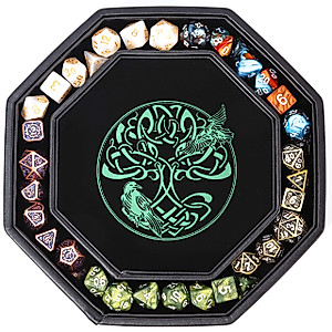 DND Dice Tray - Premium 8 Inch Tray for Dungeons and Dragons: Exquisitely Detailed Green World Tree & Wolf Raven Design - Perfect Rolling & Box Storage to Protect Your Dice for D&D and RPG