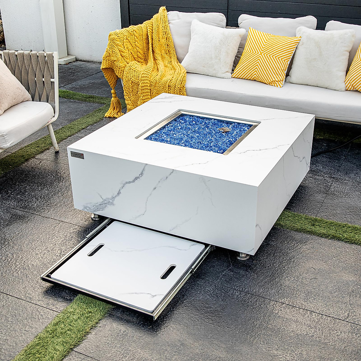 ELEMENTI Outdoor Fire Table Natural Gas 60,000 BTUs Firepit Patio Coffee Table, Backyard Fireplace Marble Porcelain Square Fire Pit, 17Inch-High,Bianco Series