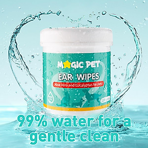 Magic Pet - Dog Ear Cleaner Wipes — 120 Grooming Wipes W/Aloe Vera & Eucalyptus — Gentle 99% Water Pet Ear Wipes for Odor & Wax Removal — Otic Dogs & Cats Ears Cleanser Itch-Free Pet Grooming Supplies