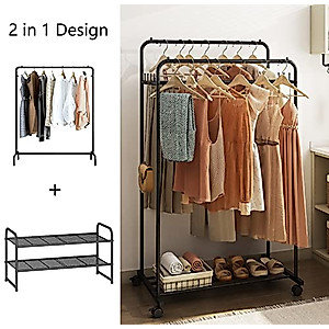 Hoctieon Double Rod Garment Rack,Clothes Rack on Wheels,Portable Clothing Racks for Hanging Clothes,Closet Hanger Rack with Shelves Black