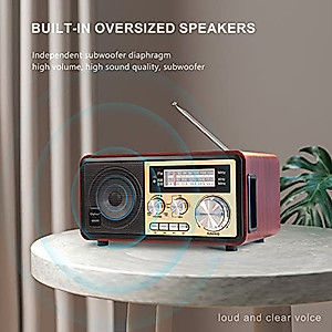 Oncheer Retro Vintage Wood Bluetooth FM/AM/SW Home Radio, 15W Subwoofer Stereo Speaker, AC&Battery Powered Radios with Antenna Best Reception, Support Remote Control/TF Card/USB Player/AUX