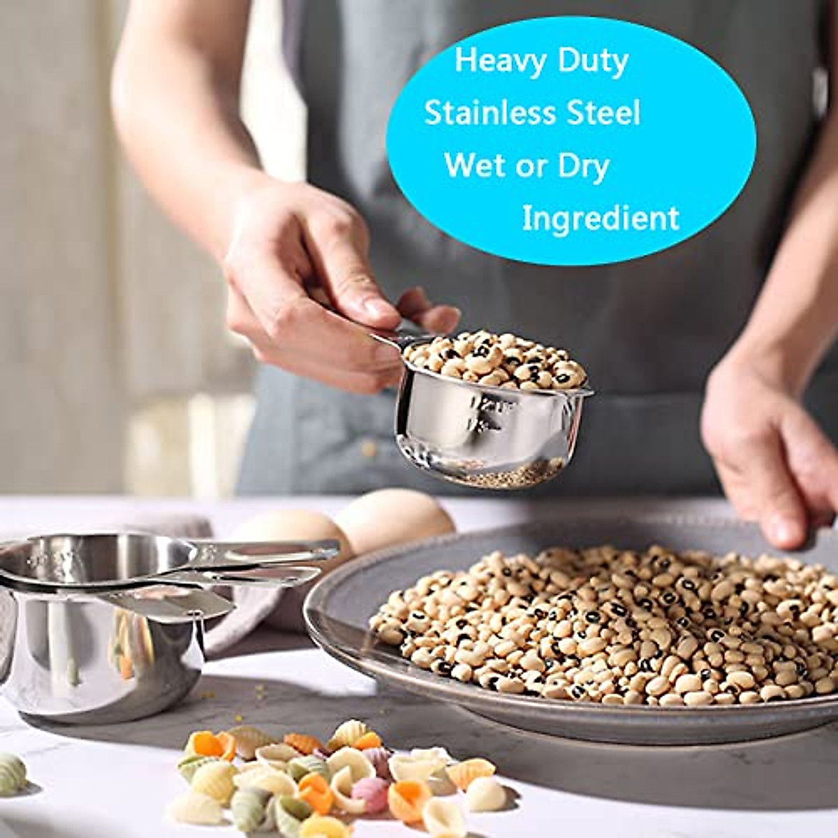 Measuring Cups and Spoons Set, AIKEXIN Stainless Steel 7 Measuring Cups & 6 Measuring Spoons & 3 Transparent Plastic Measuring Cup, 1 Leveler 1 Measuring Conversion Chart and 2 Metal Ring (20 Piece)……