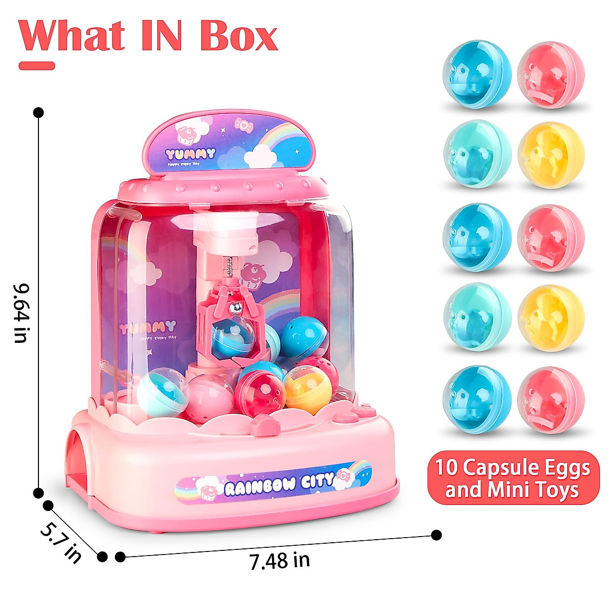 Mini Claw Machine for Kids 4-8|Electronic Arcade Game Indoor Toy with Music & Light|Candy Grabber & Prize Dispenser Vending Machine|Best Birthday Gifts for 3 5 6 7 9 Year Old Girls(10 Gashapons)