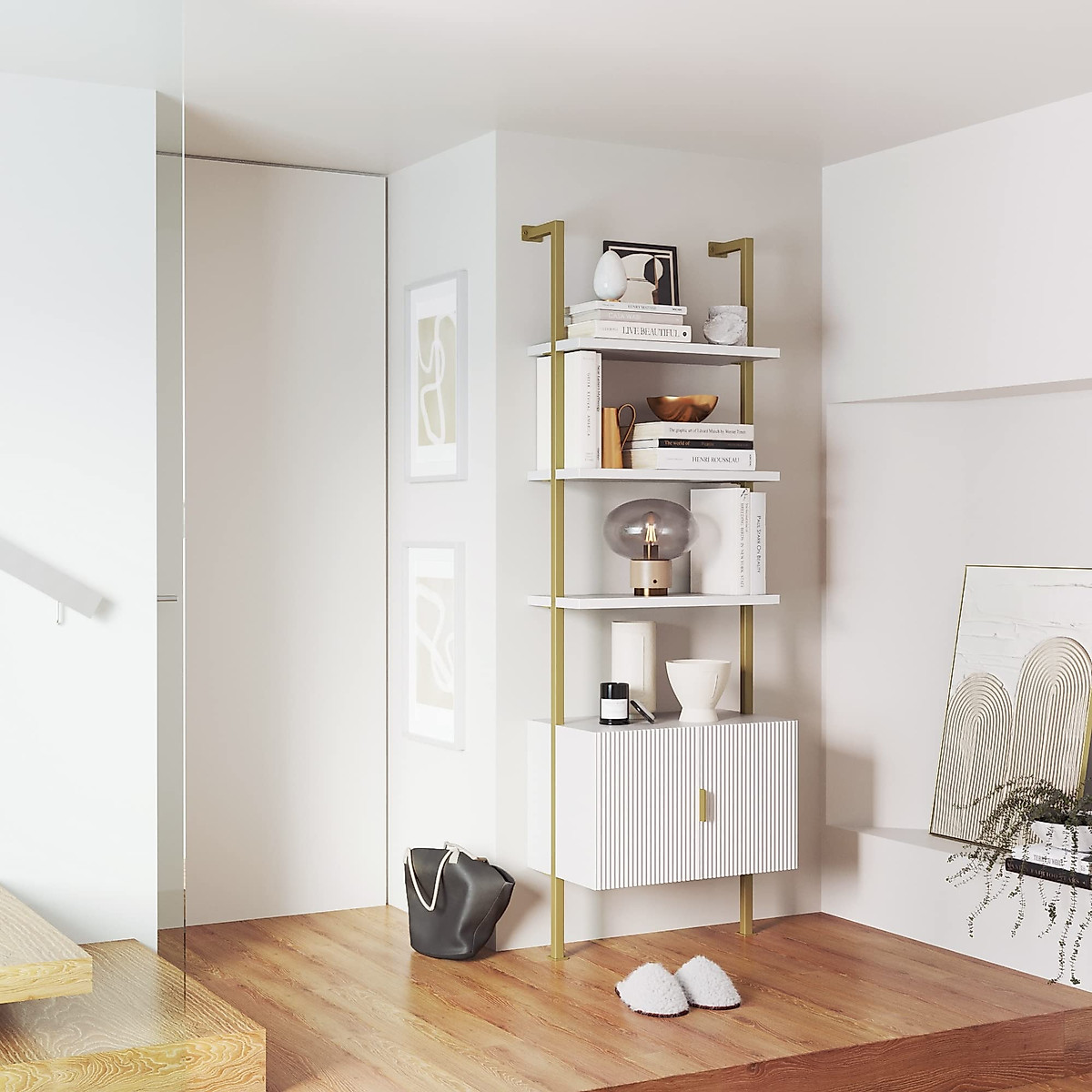 Nathan James Theo Mid-Century Modern Bookcase with Cabinet Fluted Texture, White Open Shelves and Brass Metal Frame Living Room, Home Office Storage