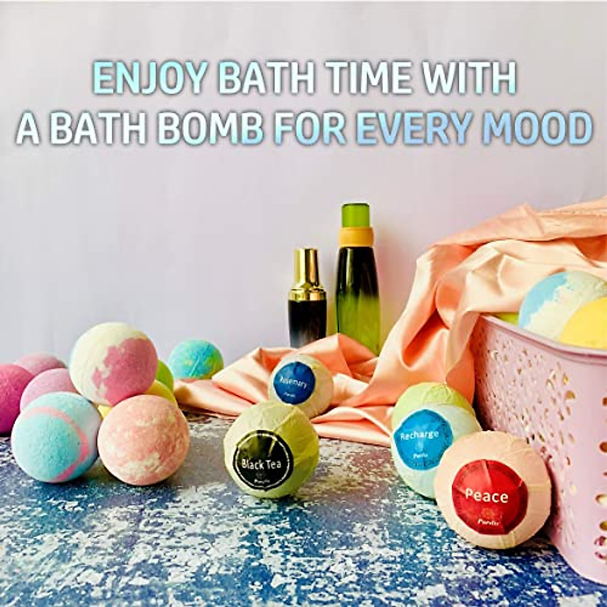 Purelis Moisturizing Bath Bombs Gift Basket, 40 count. Bulk Bath Bomb Gift Set with Essential Oils & Shea Butter. Organic, Individually Wrapped Bath Bombs in Gift Box. Best Gift Idea for Women & Kids!