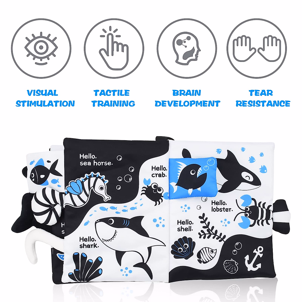 OKOOKO Soft Baby Book Black and White High Contrast Marine Animals Tails Book Bath Book Montessori Sensory Stroller Toy Non-Toxic Crinkle Washable Early Education for Baby Infant Toddler