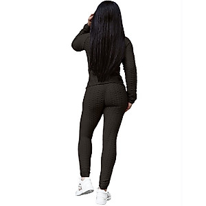 KANSOON Jogging Suits for Women, Textured 2 Piece Outfit Long Sleeve Full Zip Jacket Skinny Pants Tracksuit Set Black L