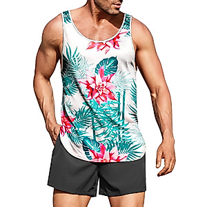 COOFANDY Men's Floral Tank Tops Sleeveless Tees All Over Print Casual Sport Loose Fit T-Shirts Hawaii Beach Tee Tops White M