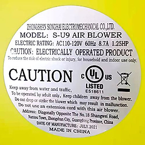 WGIA 950w(1.25HP) Blower for Inflatable Bounce House, Commercial Electric Pump Fan for Inflatable Water Slides & Screen Movie, Quick Blow Up, Air Blower for Inflatables（UL Certification）