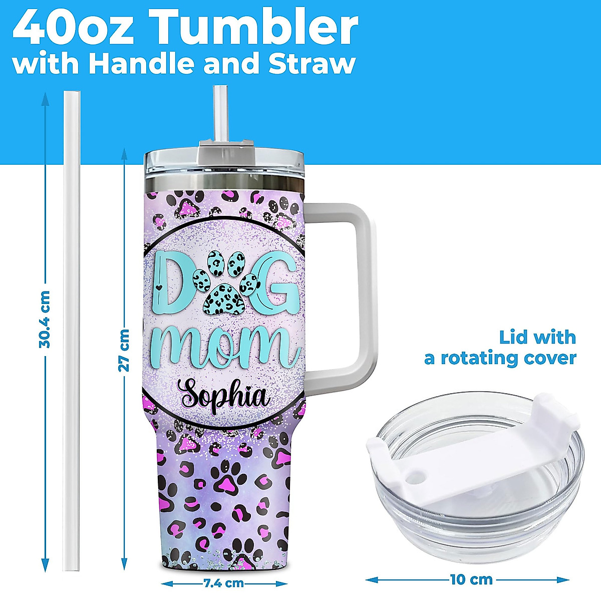 Hyturtle Personalized Picture Dog Mom 40oz Tumbler with Handle and Straw Gifts for Dog Lovers, Cute Birthday Mother's Day Cup Gifts For Women, Dog Themed Gift Idea Stainless Steel Travel Cup With Lid