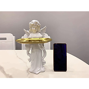 Z1SR Desktop Angel Figurines Holding Storage Tray, 12'' Tall Watch Key Snack Jewelry Holder Decorative Tray Resin Angel Statue with Tray in Hands Home Office Desktop Decoration, White