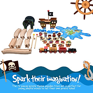 Pidoko Kids Pirate Theme Wooden Train Set - 72 Pcs - Includes Magnet Fishing Poles - Set compatible with all major brand tracks and trains