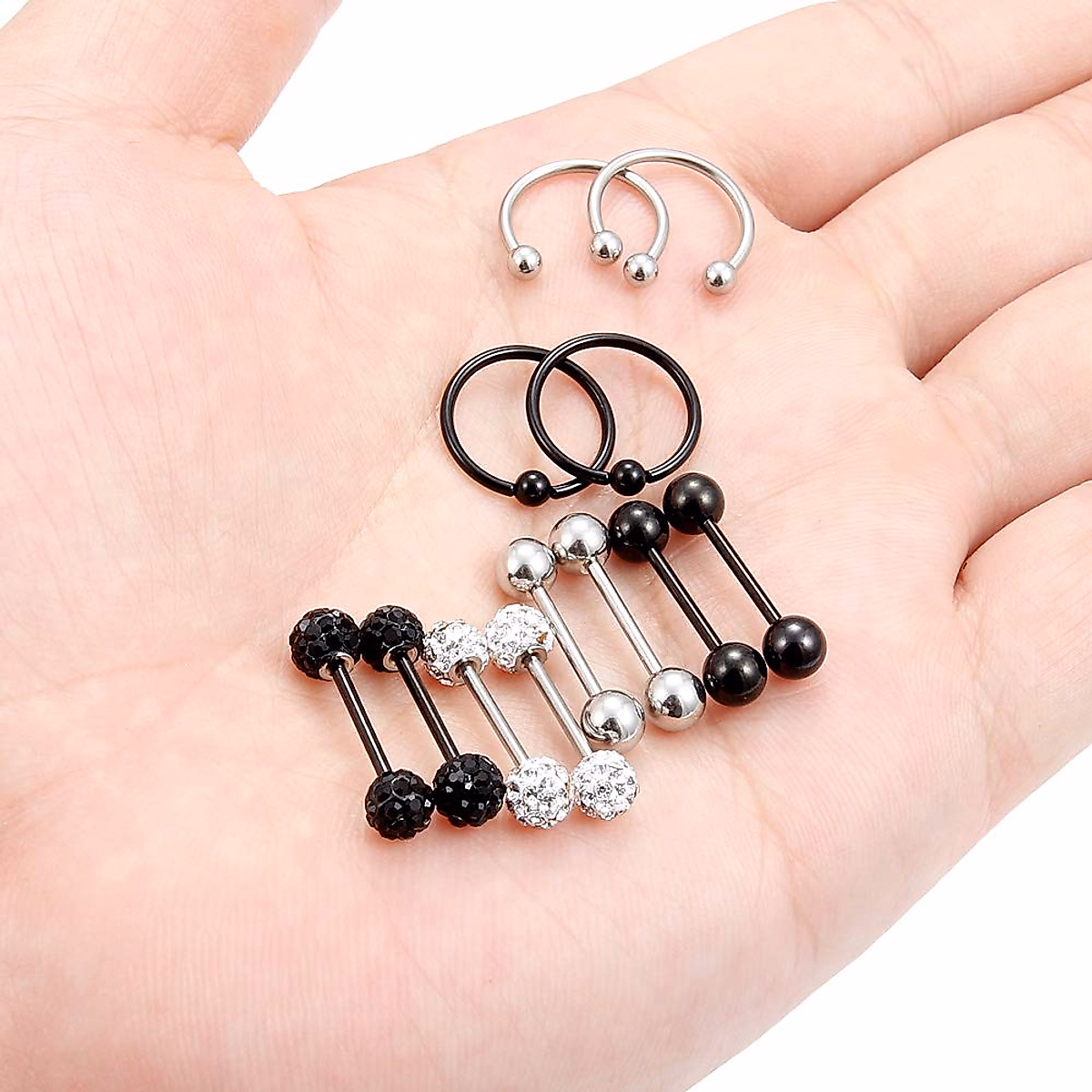 Lcolyoli 12Pcs Tongue Ring 16G Nipple Ring Surgical Steel Nipplerings Barbell Bar Hoop Rings Piercing Jewelry for Women Men 12MM Silver-tone Black