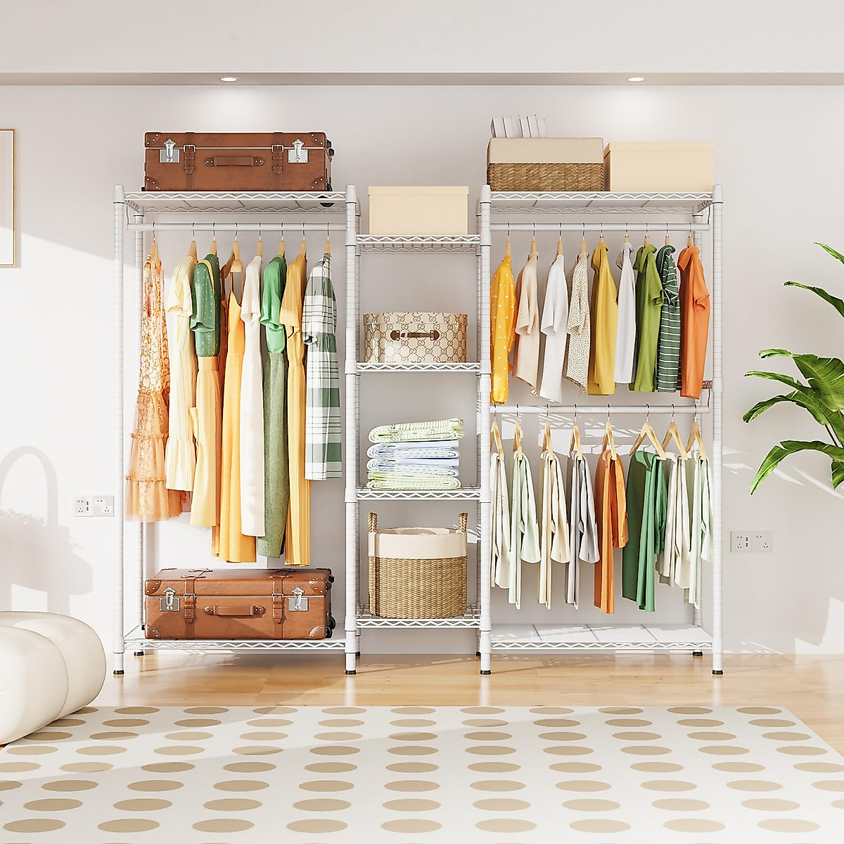 LEHOM G6 Wire Garment Rack Heavy Duty Clothes Rack Compact Large Size Armoire Storage Rack Freestanding Metal Clothing Rack Closet Wardrobe with 3 Hanger Rod and 4 Large Shelves 4 Small Shelves, White