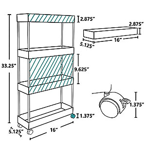 PILITO Slim Storage Cart 4 Tier Rolling Utility Cart Mobile Shelving Unit Organizer with Wheels for Bathroom, Kitchen, Office, Laundry Narrow Places & Dressers, Plastic & Stainless Steel, White