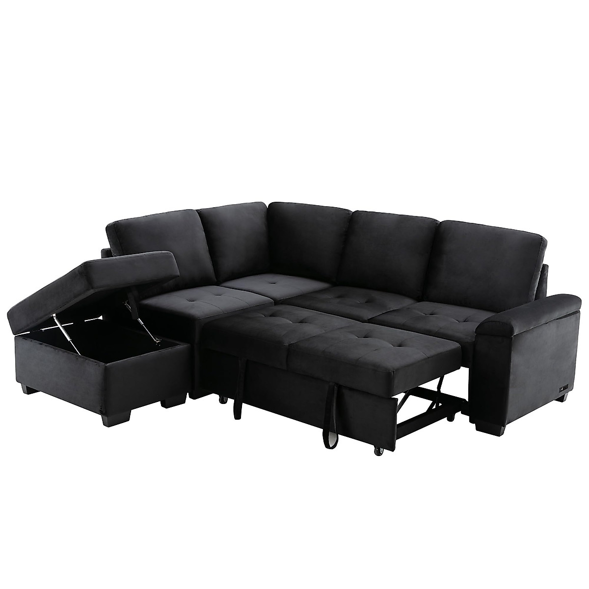 Merax Sleeper Sectional, L-Shape Corner Couch Sofa-Bed with Storage Ottoman, Black