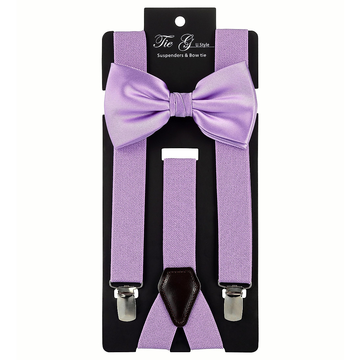 TIE G Solid Color Men's Suspender + Woven Bow Tie Set for Wedding : Vivid Color, Adjustable Brace, Strong Enhanced Clip, Elastic Band (Lavender)