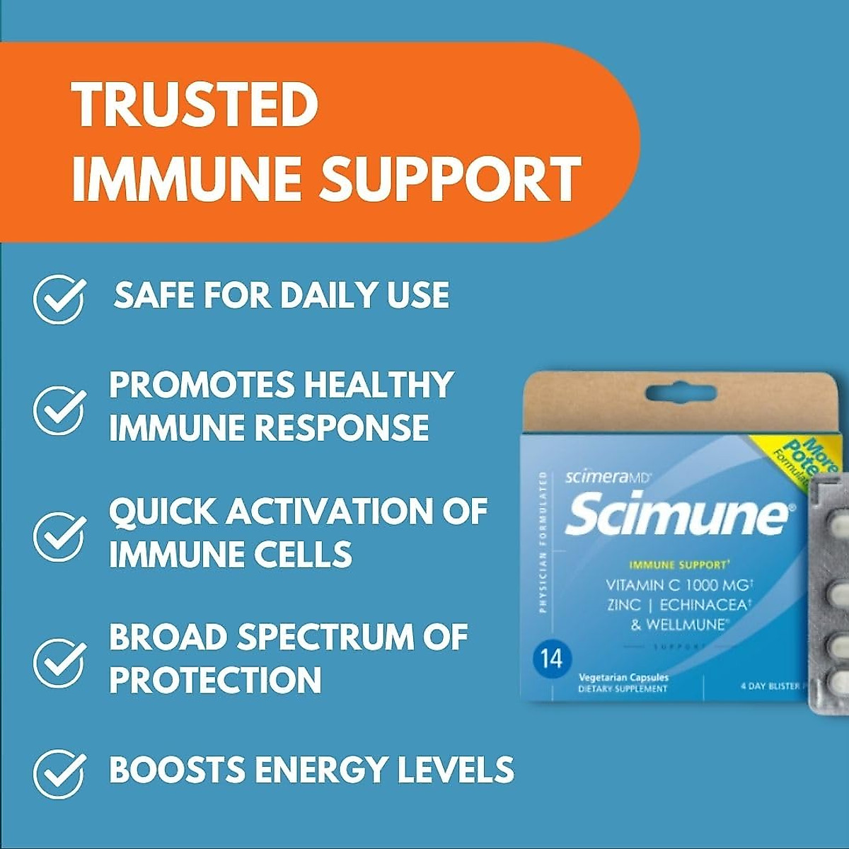 ScimeraMD® Scimune Immune Support Vitamin Supplement with Zinc, Quercetin, Vitamin C, Echinacea, and Wellmune®, 14 CT