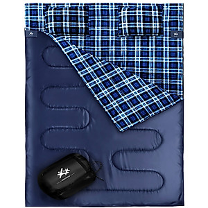 BESTEAM Double Sleeping Bag Flannel for Adults Kids, Queen Size for 2 Person with 2 Pillows, Warm & Cold Weather Sleeping Bag for Camping, Hiking, Waterproof Lightweight with Compression Sack