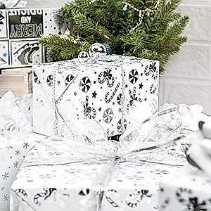 WRAPAHOLIC Christmas Wrapping Paper Roll - Silver Snowflakes, Candy Cane Holiday Collection with Metallic Foil Shine - 4 Rolls - 30 Inch X 120 Inch Per Roll