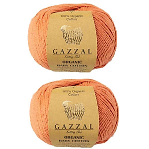 Gazzal Organic Baby Cotton Yarn 100% Organic Cotton, 2 Ball (Pack) Total 3.52 Oz. Each 1.76 Oz (50g) / 125 Yrds (115 m), 3 Light DK,Global Organic Textile Standard(GOTS) (438 Orange)