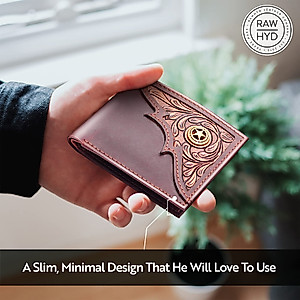 RAW HYD Bifold Wallet for Men (Bourbon Brown) - RFID Blocking Men’s Leather Wallet w/Star Concho - Full Grain, Tooled RFID wallet for men - Slim & Compact Cowboy Wallet - Great Western Gifts for Men