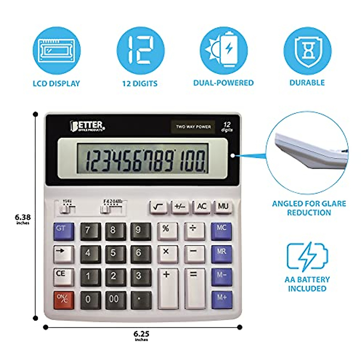 Extra Large Electronic Desktop Calculator, 12-Digit LCD Display, Angled Display Panel, by Better Office Products, 4 Function Memory Keys, Light Gray, Dual Power with Included AA Battery Power