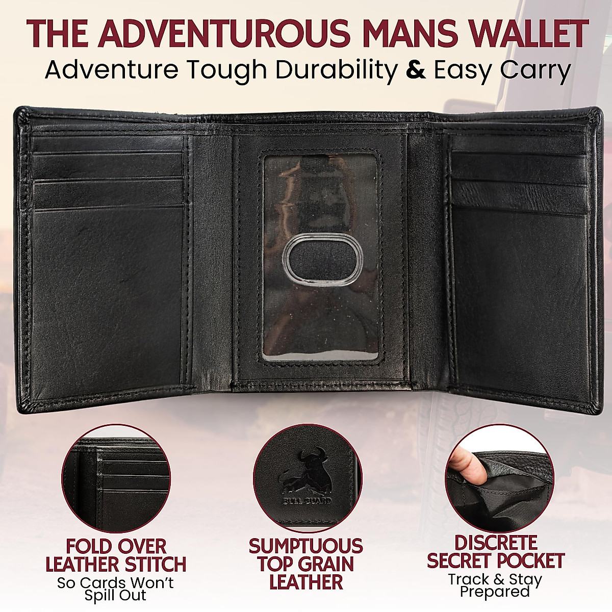 BULL GUARD Genuine Nappa Leather Trifold Wallet For Men RFID And ID Window