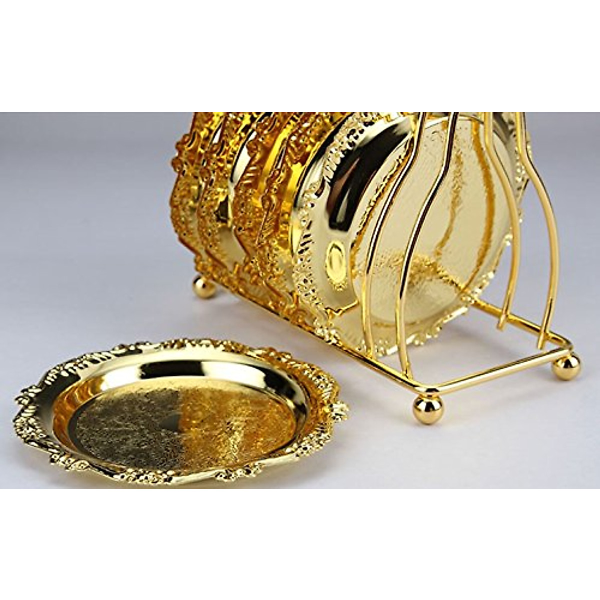 Collection 6 Piece Coaster Creative Drink Coasters with Decorative Rack Non-Slip Metal Cup Mats Tabletop Display with Holder for Bar,Home, Kitchen,Coffee Table Centerpieces Decoration (Golden)
