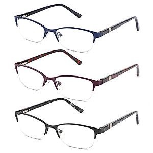 CRGATV 3-Pack Reading Glasses for Women Blue Light Blocking Metal Half Frame Computer Readers Anti UV/Eye Strain/Glare (+1.5 Magnification Strength)