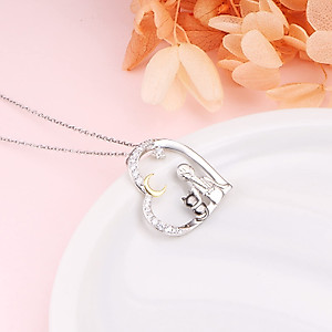 JZMSJF S925 Sterling Silver Black Cat Heart Pendant Necklaces Cute Animal Jewelry Gifts for Women Teens