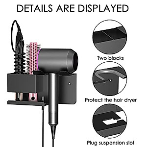 ADORILA Hair Dryer Holder Wall Mounted, Hair Blow Dryer Holder for Bathroom, Aluminum Alloy Hair Styling Care Tool Organizer with Plug Hook