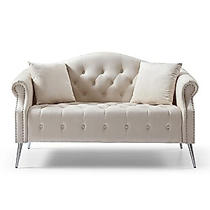 Homtique Velvet Loveseat Sofa for Living Room, Mid Century Modern Sofa Upholstered Button Tufted Rolled Arms and Metal Legs, 59.4" Small Sofa Couches for Small Spaces with 2 Pillows for Bedroom(Beige)