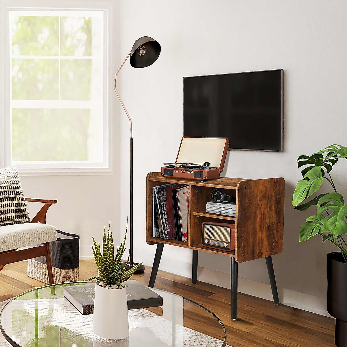 Possile Record Player Stand with Vinyl Record Storage, Mid-Century Turntable Stand for Living Room Bedroom Office, Record Player Table, Vinyl Holder Holds up to 100 Albums, Rustic Brown