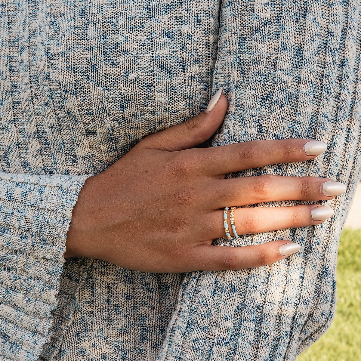 BLOSSOM & HUE Turquoise Ring Stacker Set | Size 7 | Two Tone CZ & Enamel Stacking Band | Set of 2 |Stackable Half Eternity