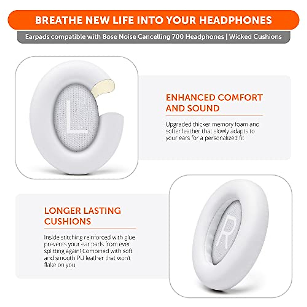 WC Wicked Cushions Upgraded Replacement Ear Pads for Bose 700 Noise Cancelling Headphones (NC700) - Softer PU Leather, Luxurious Memory Foam, Added Thickness, Extra Durable Ear Cushions | (White)