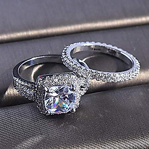 COSJOOHY 925 Sterling Silver Sparkling Full Diamond Ring Cocktail Rings Round Cut Cubic Zirconia Engagement Ring Set CZ Diamond Multi Row Eternity Engagement Wedding Ring Set Women's (6)